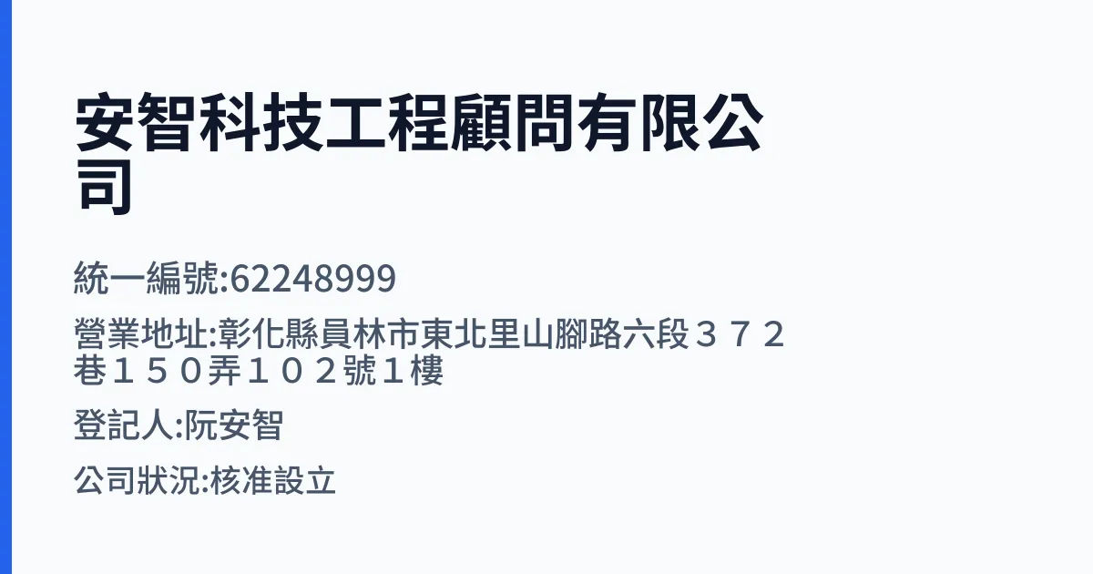 安智科技工程顧問有限公司 - 統編 62248999(彰化縣) 公司登記資料與營業項目詳細圖表