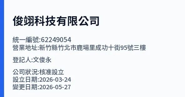 俊翊科技有限公司的照片-統編 62249054(新竹縣) 公司登記資料與營業項目詳細圖表