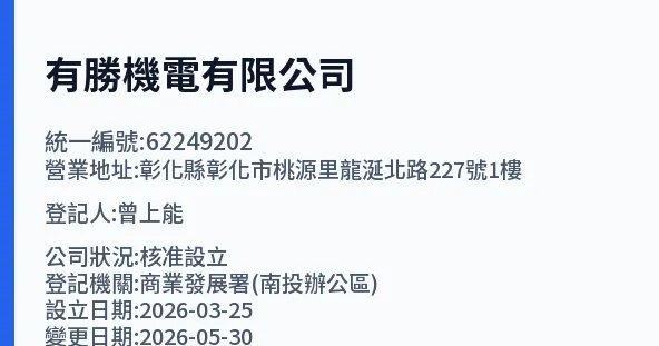 有勝機電有限公司的照片-統編 62249202(彰化縣) 公司登記資料與營業項目詳細圖表