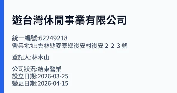 遊台灣休閒事業有限公司的照片-統編 62249218(雲林縣) 公司登記資料與營業項目詳細圖表