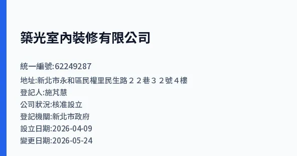 築光室內裝修有限公司的照片-統編 62249287(新北市) 公司登記資料與營業項目詳細圖表
