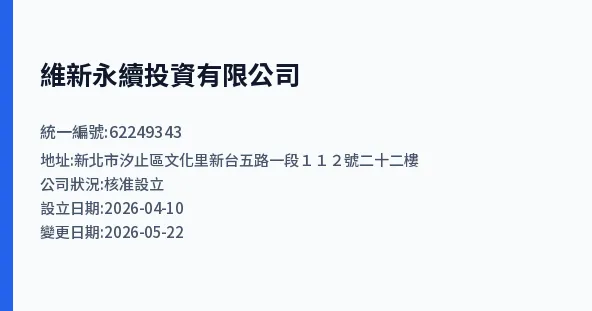 維新永續投資有限公司的照片-統編 62249343(新北市) 公司登記資料與營業項目詳細圖表