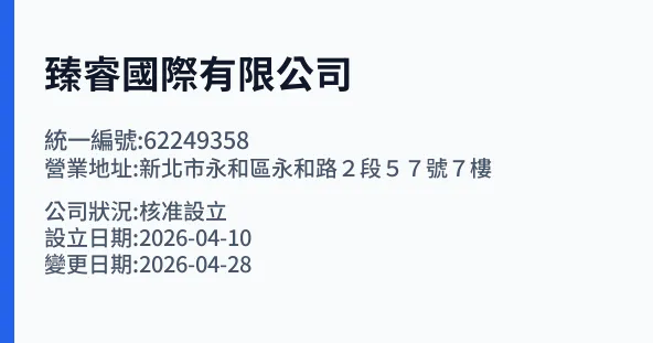 臻睿國際有限公司的照片-統編 62249358(新北市) 公司登記資料與營業項目詳細圖表