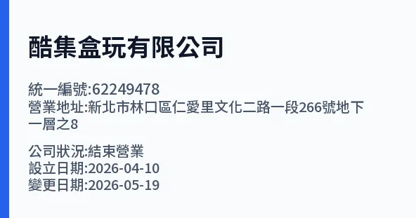 酷集盒玩有限公司的照片-統編 62249478(新北市) 公司登記資料與營業項目詳細圖表