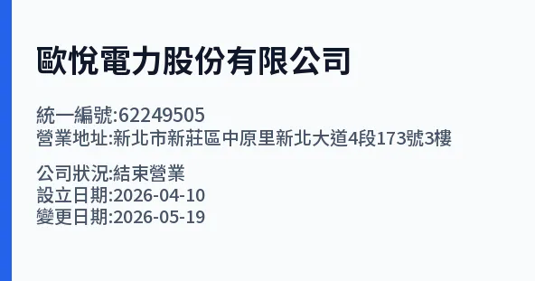 歐悅電力股份有限公司的照片-統編 62249505(新北市) 公司登記資料與營業項目詳細圖表