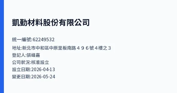 凱勤材料股份有限公司的照片-統編 62249532(新北市) 公司登記資料與營業項目詳細圖表