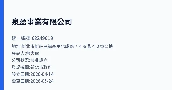 泉盈事業有限公司的照片-統編 62249619(新北市) 公司登記資料與營業項目詳細圖表