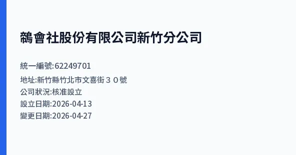 鶙會社股份有限公司新竹分公司的照片-統編 62249701(新竹縣) 公司登記資料與營業項目詳細圖表