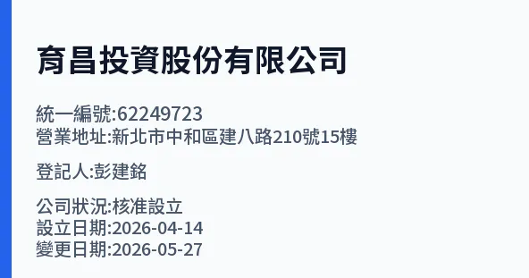 育昌投資股份有限公司的照片-統編 62249723 公司登記資料與營業項目詳細圖表