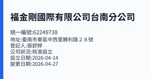 福金剛國際有限公司台南分公司的照片-統編 62249738(臺南市) 公司登記資料與營業項目詳細圖表