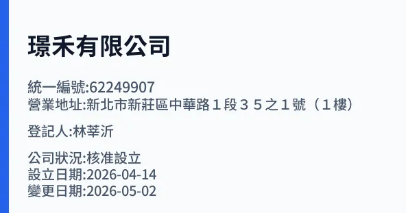 璟禾有限公司的照片-統編 62249907(新北市) 公司登記資料與營業項目詳細圖表