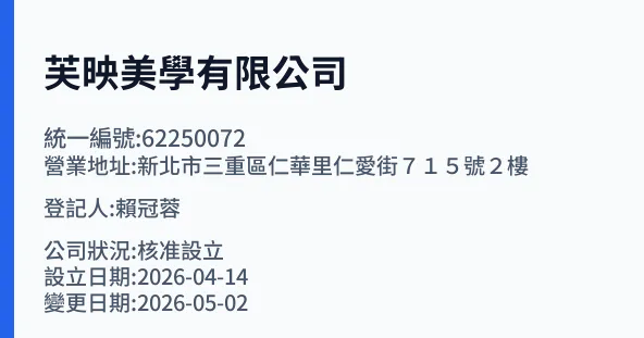 芙映美學有限公司的照片-統編 62250072(新北市) 公司登記資料與營業項目詳細圖表
