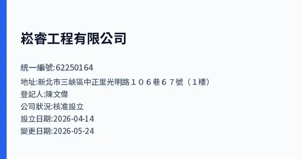 崧睿工程有限公司的照片-統編 62250164(新北市) 公司登記資料與營業項目詳細圖表