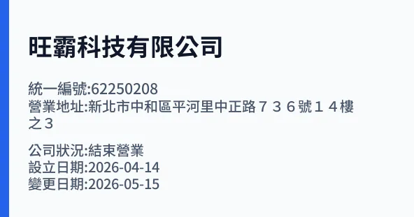旺霸科技有限公司的照片-統編 62250208(新北市) 公司登記資料與營業項目詳細圖表