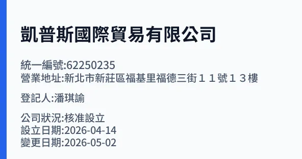 凱普斯國際貿易有限公司的照片-統編 62250235(新北市) 公司登記資料與營業項目詳細圖表
