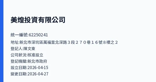 美煌投資有限公司的照片-統編 62250241(新北市) 公司登記資料與營業項目詳細圖表