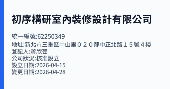 初序構研室內裝修設計有限公司的照片-統編 62250349(新北市) 公司登記資料與營業項目詳細圖表