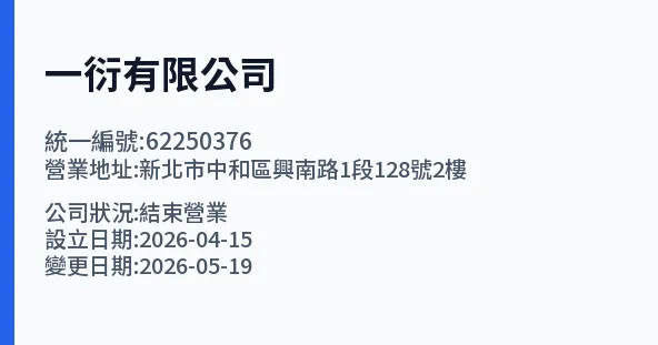 一衍有限公司的照片-統編 62250376(新北市) 公司登記資料與營業項目詳細圖表