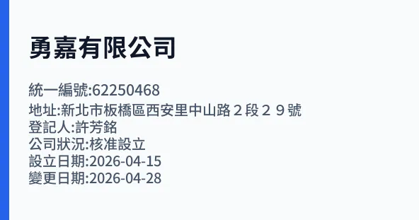 勇嘉有限公司的照片-統編 62250468(新北市) 公司登記資料與營業項目詳細圖表
