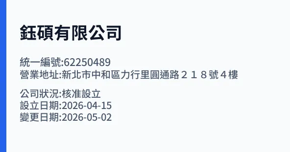 鈺碩有限公司的照片-統編 62250489(新北市) 公司登記資料與營業項目詳細圖表