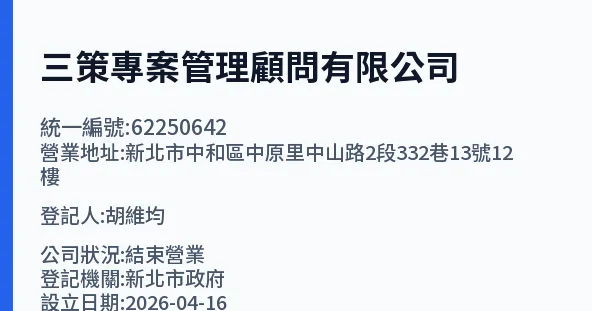 三策專案管理顧問有限公司的照片-統編 62250642(新北市) 公司登記資料與營業項目詳細圖表