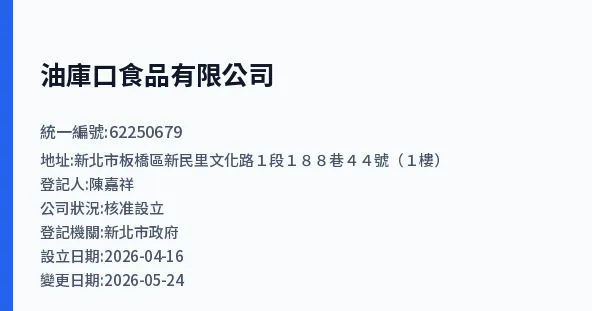油庫口食品有限公司的照片-統編 62250679(新北市) 公司登記資料與營業項目詳細圖表