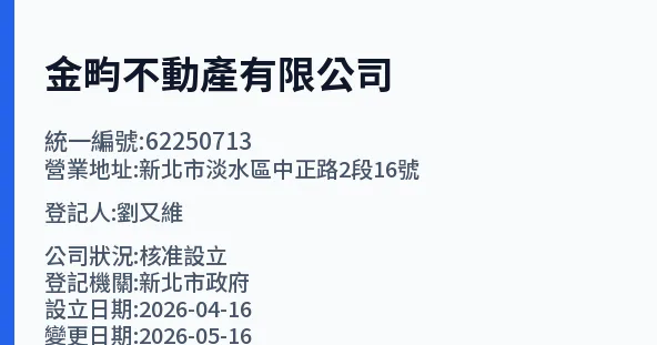 金畇不動產有限公司的照片-統編 62250713(新北市) 公司登記資料與營業項目詳細圖表