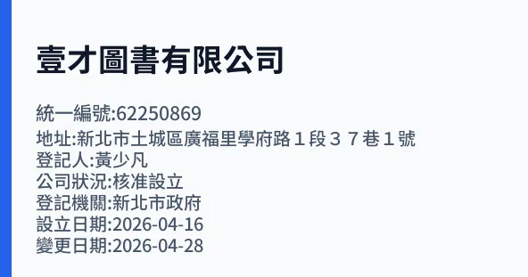 壹才圖書有限公司的照片-統編 62250869(新北市) 公司登記資料與營業項目詳細圖表