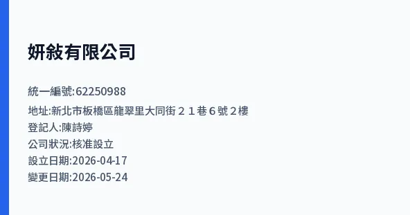 妍敍有限公司的照片-統編 62250988(新北市) 公司登記資料與營業項目詳細圖表