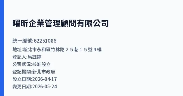 曜昕企業管理顧問有限公司的照片-統編 62251086(新北市) 公司登記資料與營業項目詳細圖表