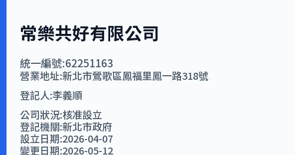 常樂共好有限公司的照片-統編 62251163(新北市) 公司登記資料與營業項目詳細圖表