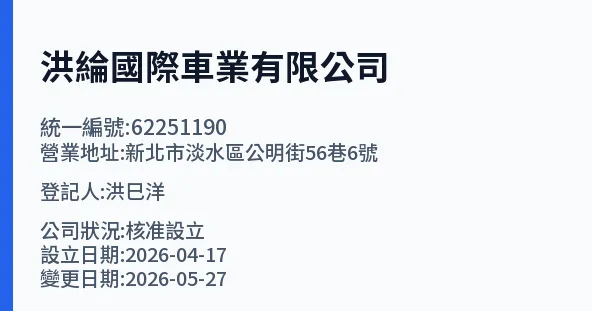 洪綸國際車業有限公司的照片-統編 62251190 公司登記資料與營業項目詳細圖表