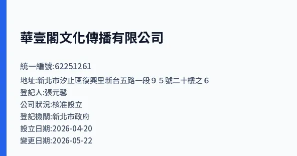 華壹閣文化傳播有限公司的照片-統編 62251261(新北市) 公司登記資料與營業項目詳細圖表