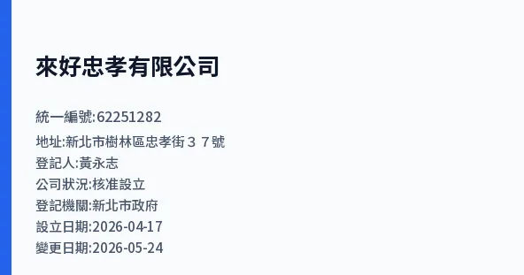 來好忠孝有限公司的照片-統編 62251282(新北市) 公司登記資料與營業項目詳細圖表