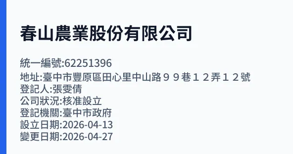 春山農業股份有限公司的照片-統編 62251396(臺中市) 公司登記資料與營業項目詳細圖表