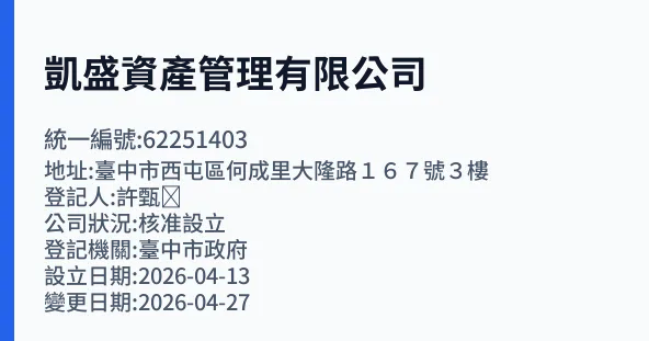 凱盛資產管理有限公司的照片-統編 62251403(臺中市) 公司登記資料與營業項目詳細圖表