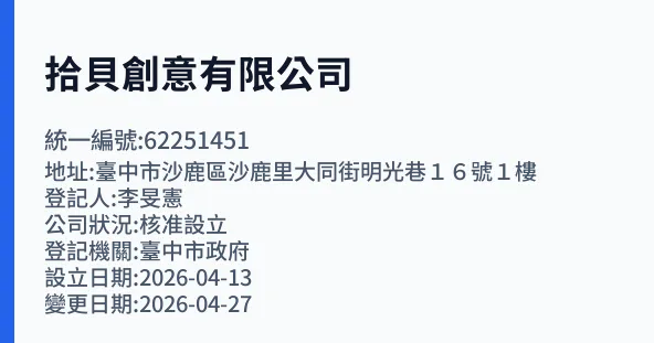 拾貝創意有限公司的照片-統編 62251451(臺中市) 公司登記資料與營業項目詳細圖表