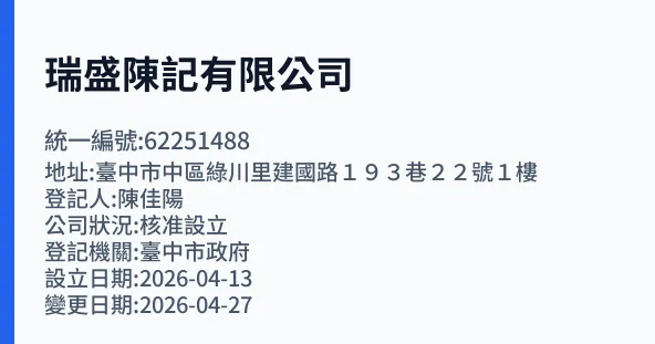 瑞盛陳記有限公司的照片-統編 62251488(臺中市) 公司登記資料與營業項目詳細圖表