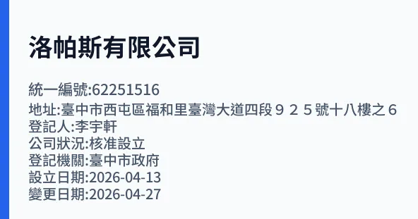 洛帕斯有限公司的照片-統編 62251516(臺中市) 公司登記資料與營業項目詳細圖表
