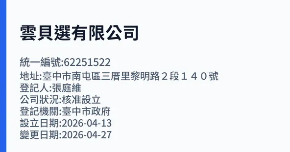 雲貝選有限公司的照片-統編 62251522(臺中市) 公司登記資料與營業項目詳細圖表