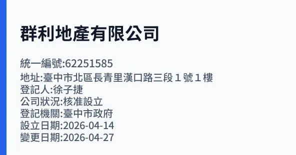 群利地產有限公司的照片-統編 62251585(臺中市) 公司登記資料與營業項目詳細圖表