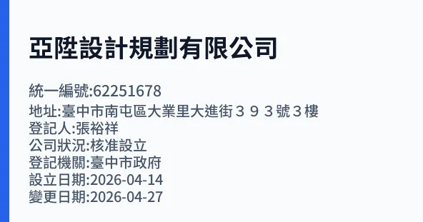 亞陞設計規劃有限公司的照片-統編 62251678(臺中市) 公司登記資料與營業項目詳細圖表