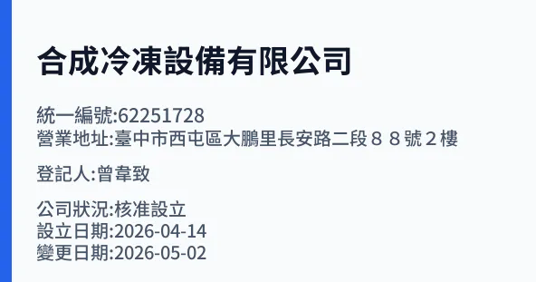 合成冷凍設備有限公司的照片-統編 62251728(臺中市) 公司登記資料與營業項目詳細圖表