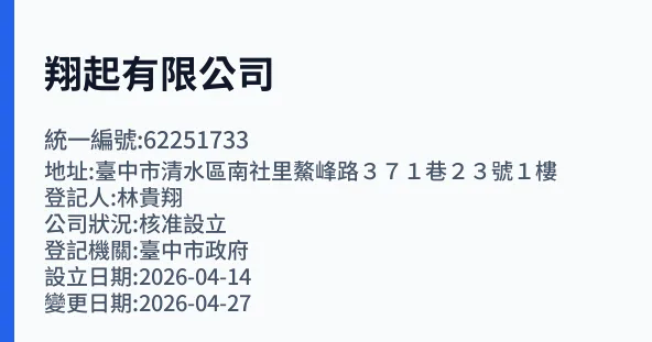 翔起有限公司的照片-統編 62251733(臺中市) 公司登記資料與營業項目詳細圖表