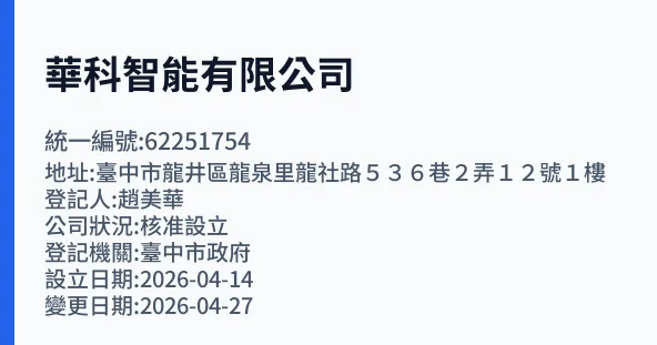 華科智能有限公司的照片-統編 62251754(臺中市) 公司登記資料與營業項目詳細圖表