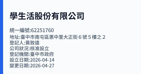 學生活股份有限公司的照片-統編 62251760(臺中市) 公司登記資料與營業項目詳細圖表