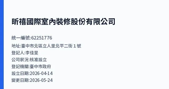 昕禧國際室內裝修股份有限公司的照片-統編 62251776(臺中市) 公司登記資料與營業項目詳細圖表