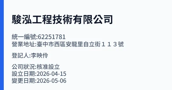 駿泓工程技術有限公司的照片-統編 62251781(臺中市) 公司登記資料與營業項目詳細圖表