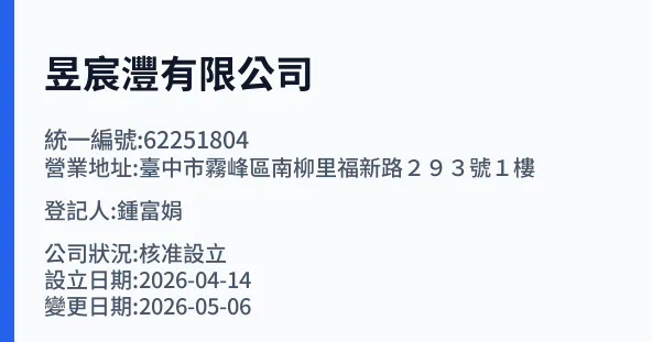 昱宸灃有限公司的照片-統編 62251804(臺中市) 公司登記資料與營業項目詳細圖表