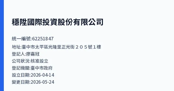 穩陞國際投資股份有限公司的照片-統編 62251847(臺中市) 公司登記資料與營業項目詳細圖表